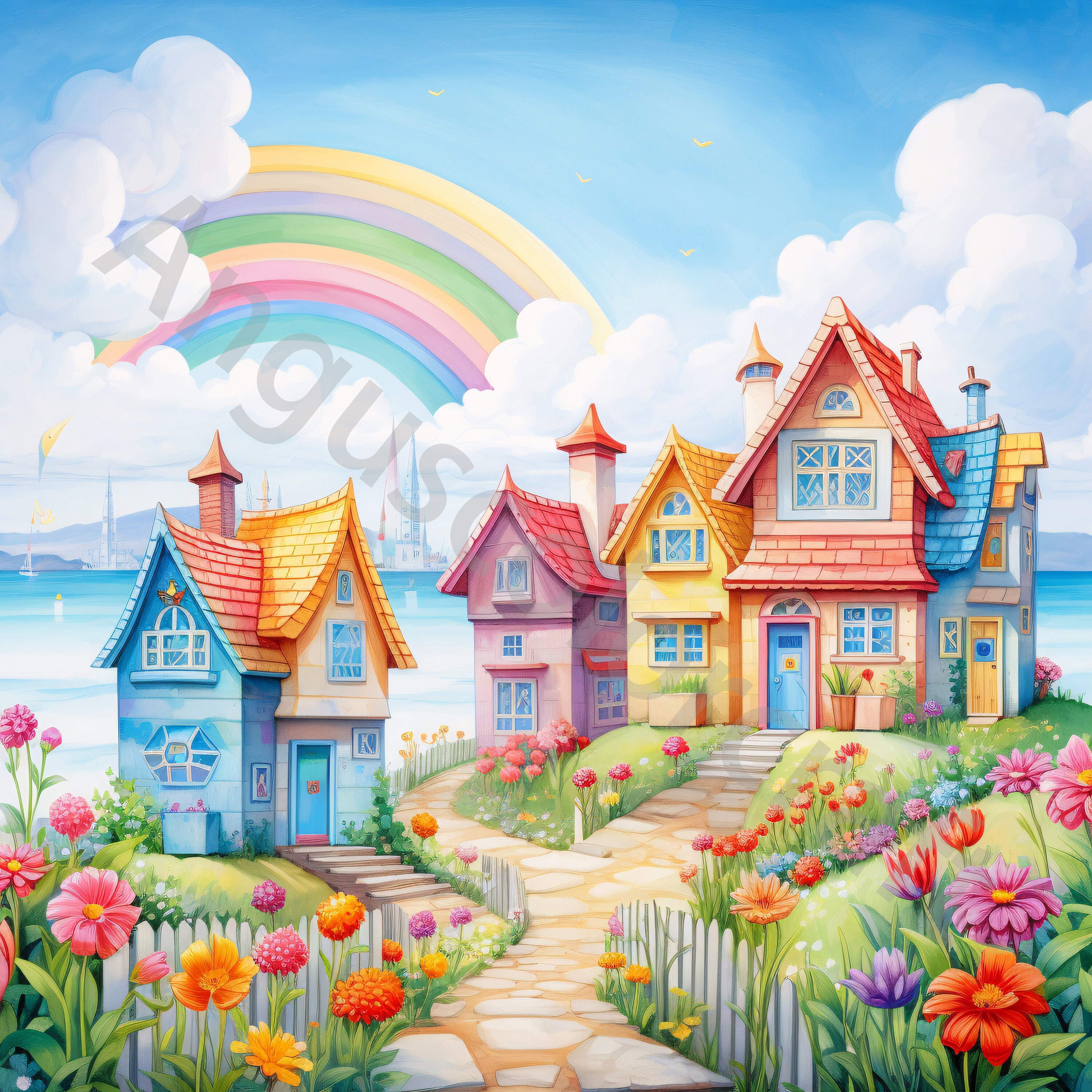 Whimsical Seaside Rainbow Cottages Clip Art Bundle 12 High Res ...
