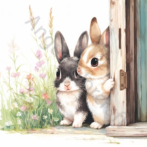 10 Peeking Rabbits Clip Art, Watercolor Clipart JPG, Junk Journal ...