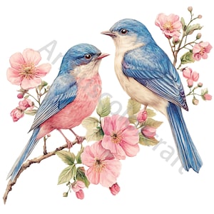 12 JPG Whimsical Birds Clip Art, Birds With Flowers, Cute Birds Digital ...
