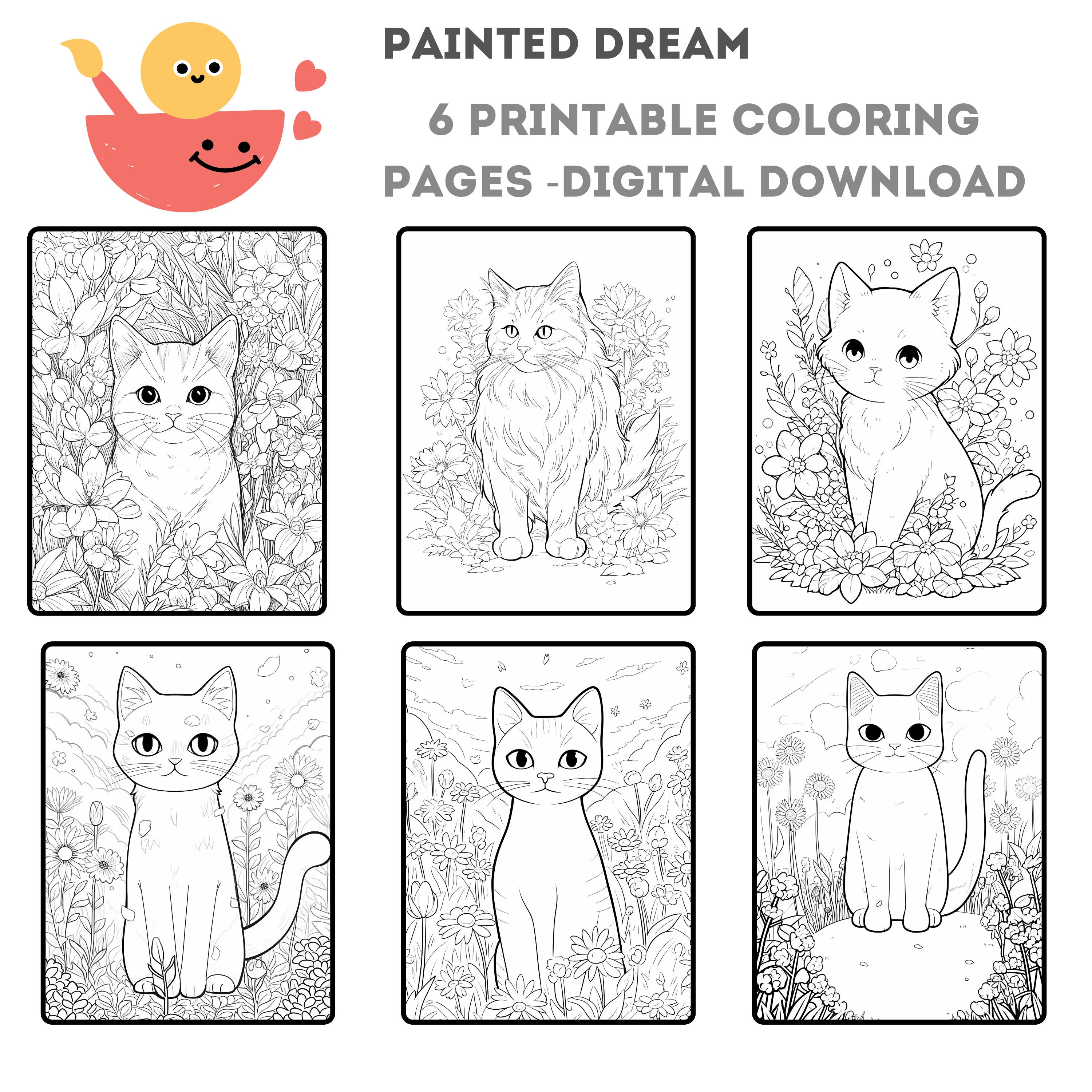 Cute Cat, 6 Coloring Pages, Kitten, Christmas, Flowers, Digital PDF JPG ...