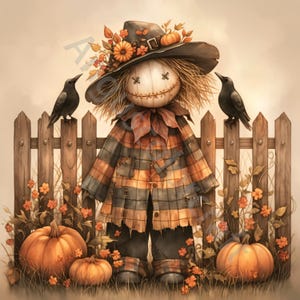 Whimsical Scarecrow in Pumpkin Patch Clip Art 10 High Res Watercolor ...