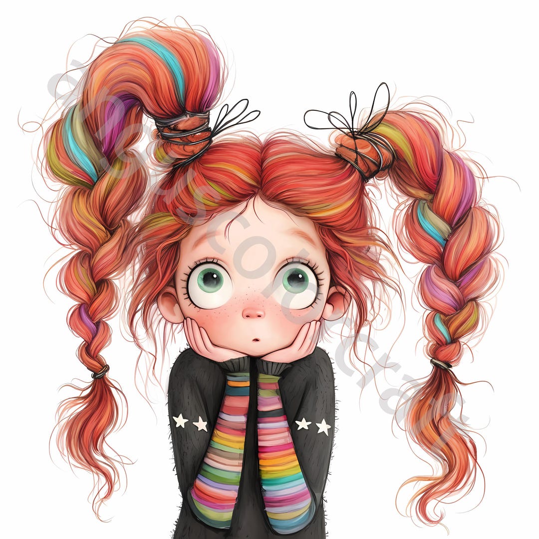 10 Quirky Girl With Wired Hair Clipart, Watercolor JPG, Digital ...