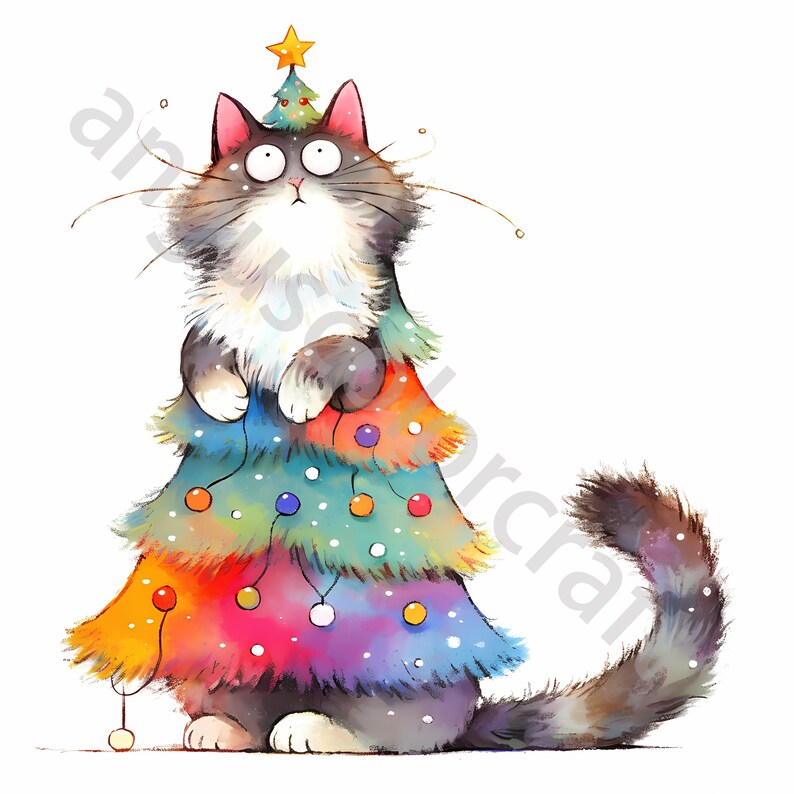 10 Merry Meow Tree Clip Art, Watercolor Clipart JPG, Junk Journaling ...