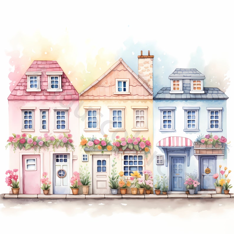 Whimsical Row Houses Clipart Bundle 20 High Res Watercolor Jpgs for Junk Journaling ...