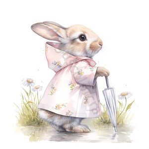 13 Jpgs Cute Whimsical Raincoat Rabbit Clipart, Cute Bunny Clip Art ...