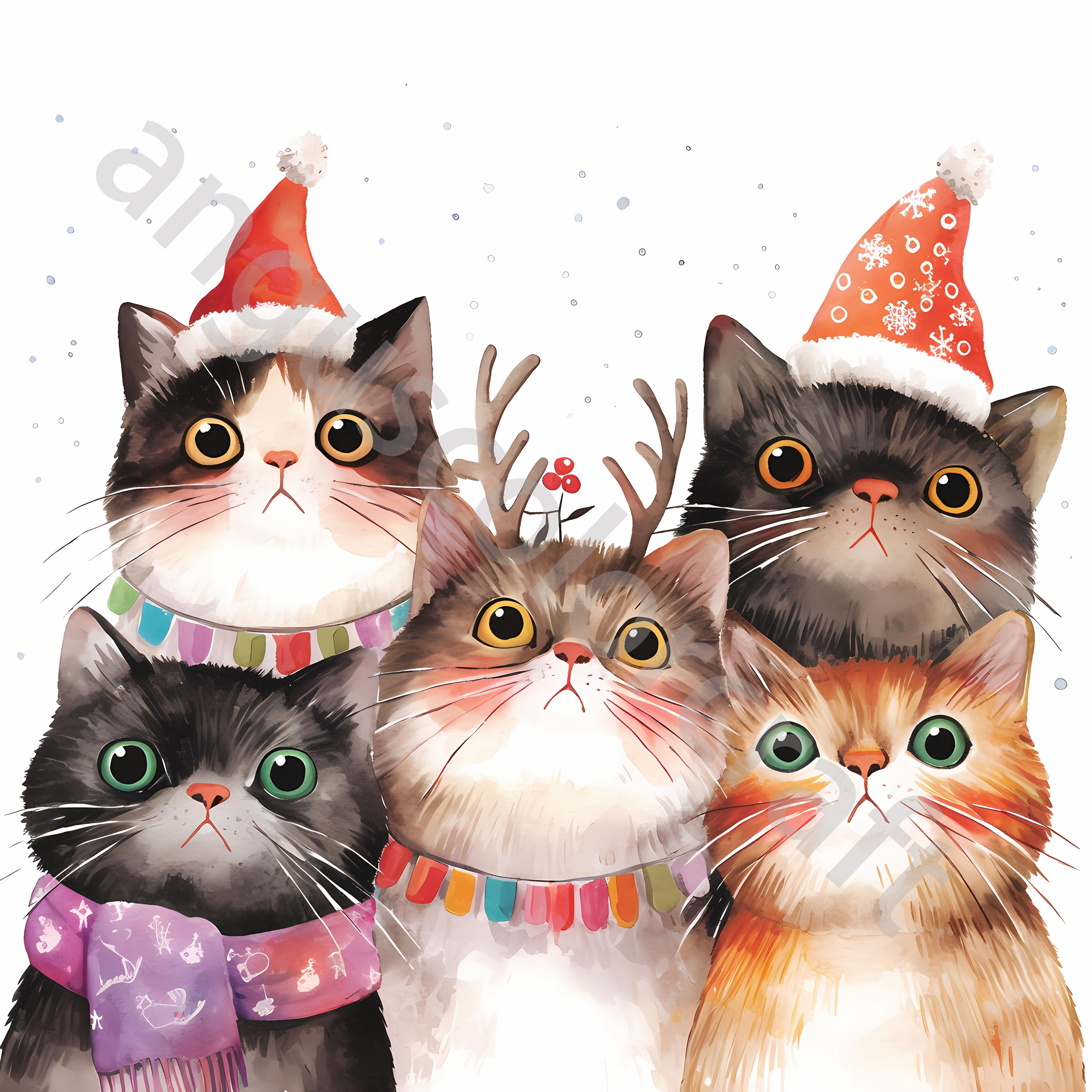 10 Jpgs Christmas Cats Clip Art, Watercolor Clipart, Digital Download ...