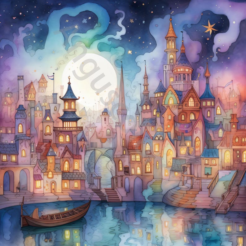 Whimsical Magical City Clip Art Bundle 10 High Res Watercolor Jpgs for ...