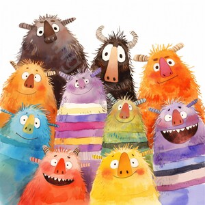 10 JPG Monster Family Clip Art, Watercolor Clipart, Junk Journal ...