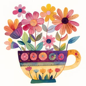 10 Cute Whimsical Cup of Flower Clip Art, Flowers Clipart, High Res JPG ...