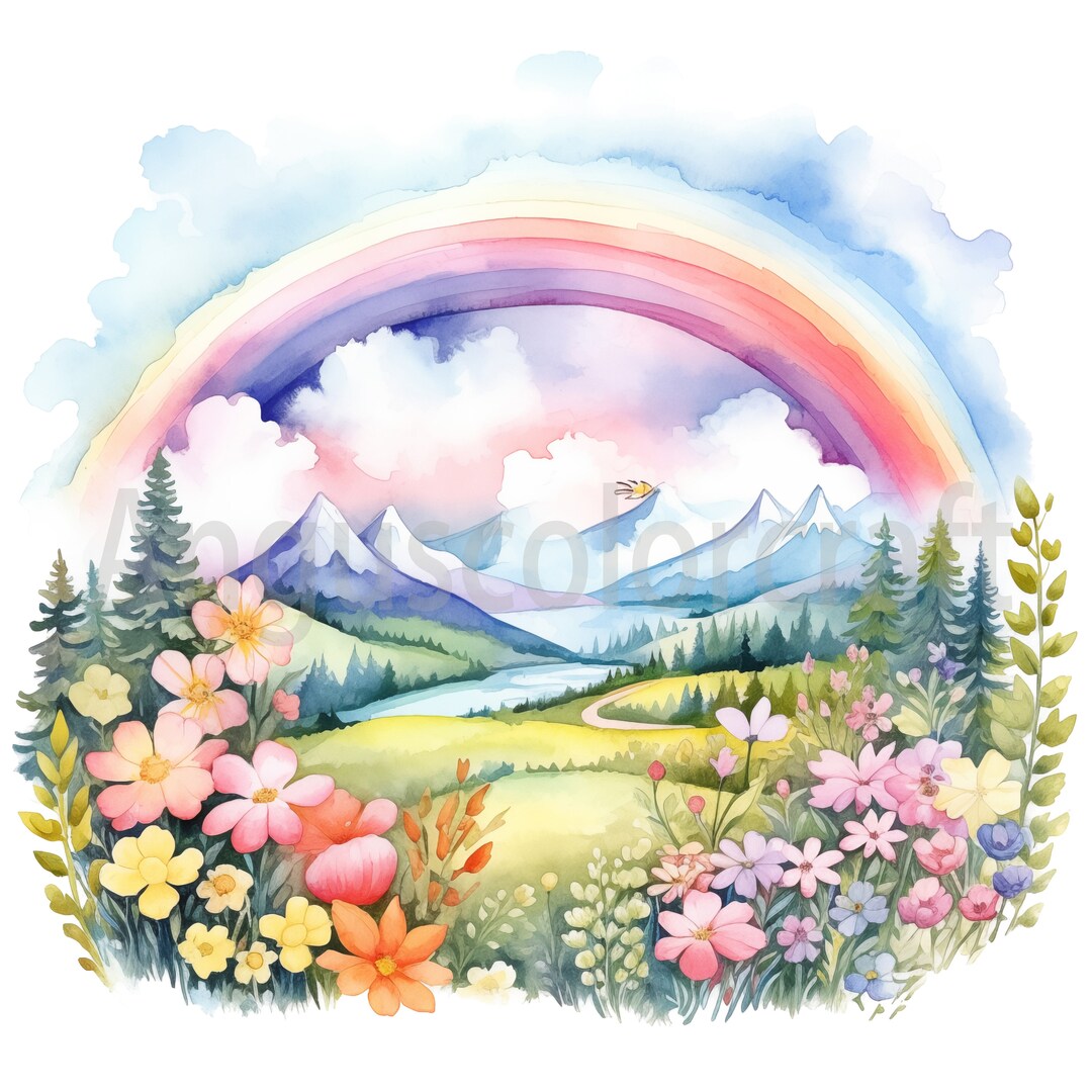 Watercolor Rainbow Landscapes - 18 Digital Clipart Bundle - High ...