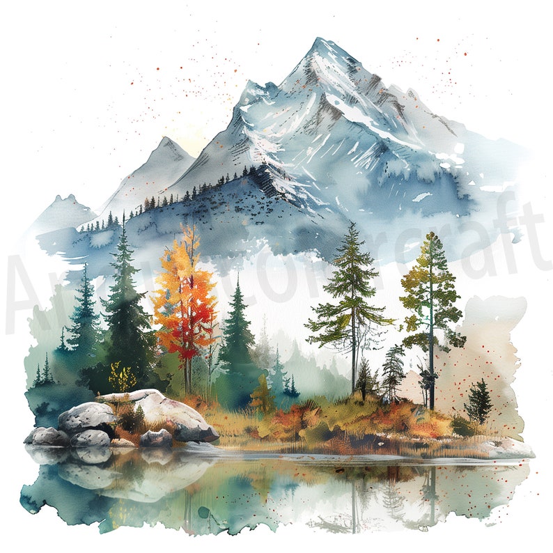 28 Watercolor Landscape Clipart, Digital Graphics, Mountain Range, Lake ...