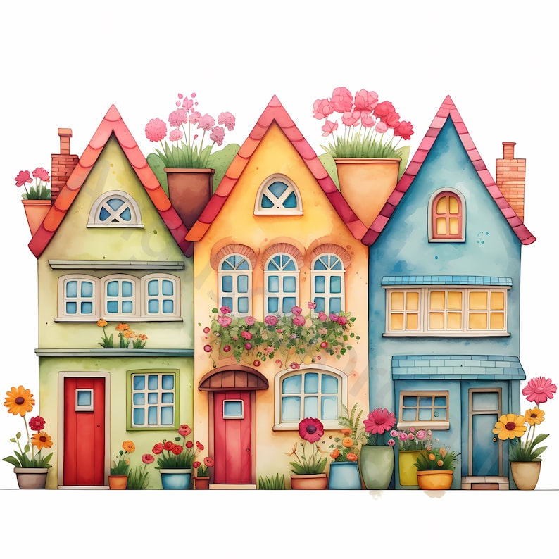 Whimsical Row Houses Clipart Bundle 20 High Res Watercolor Jpgs for Junk Journaling ...