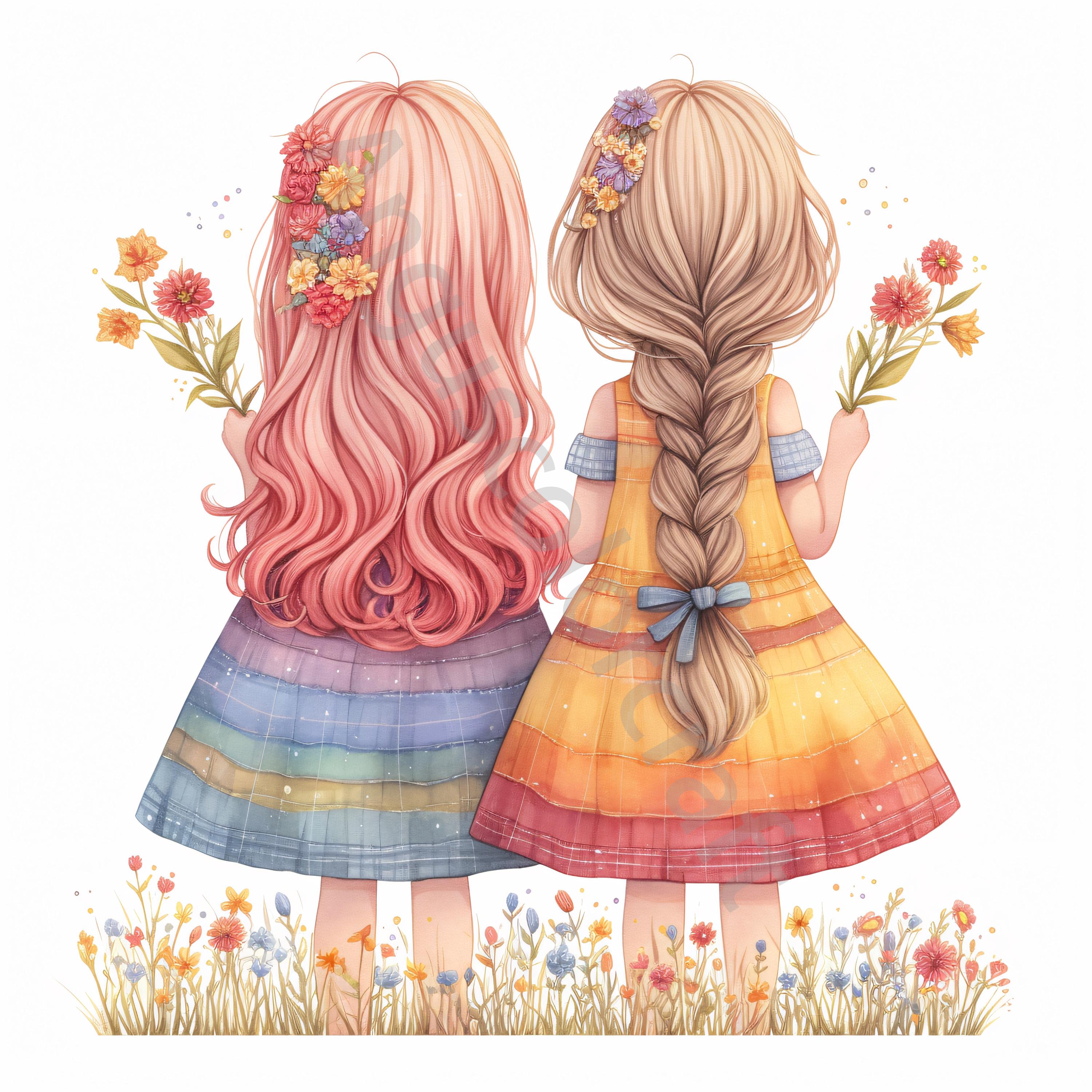 Best Friends Little Girls Clip Art Kit 13 High Res Watercolor Jpgs for ...