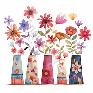 10 Cute Whimsical Flower Clipart, Row of Flowers Clipart, High Res JPG ...