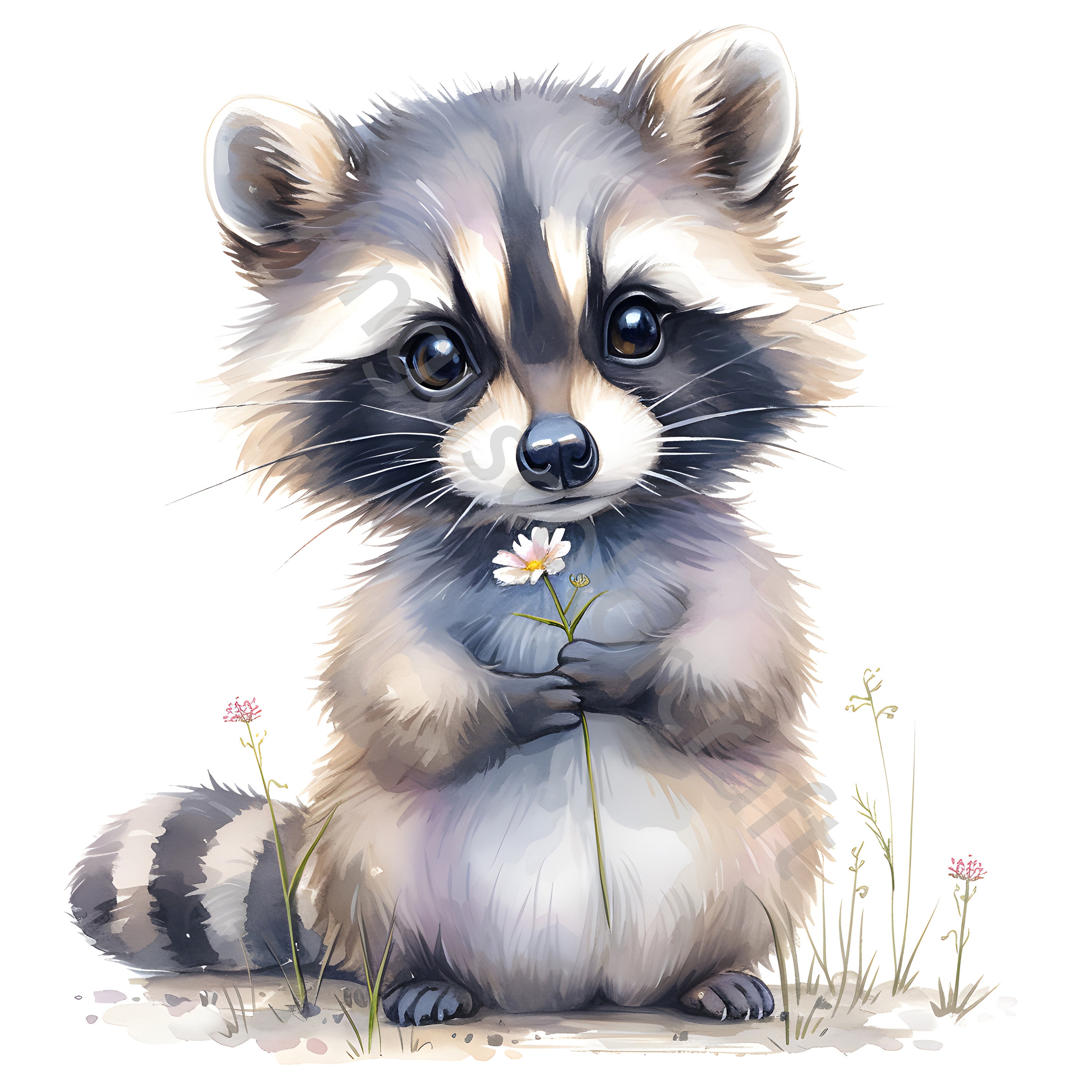 Cute Raccoon With Flower Clip Art 15 High Res Watercolor Cliipart Jpgs ...