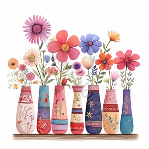 10 Cute Whimsical Flower Clipart, Row of Flowers Clipart, High Res JPG ...