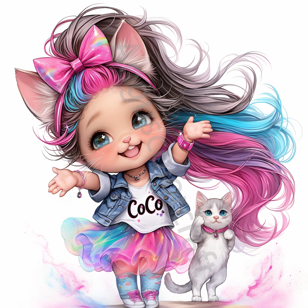 10 Quirky Cat Girl Clip Art, Watercolor Clipart JPG, Junk Journaling ...