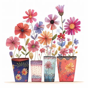 10 Cute Whimsical Flower Clipart, Row of Flowers Clipart, High Res JPG ...