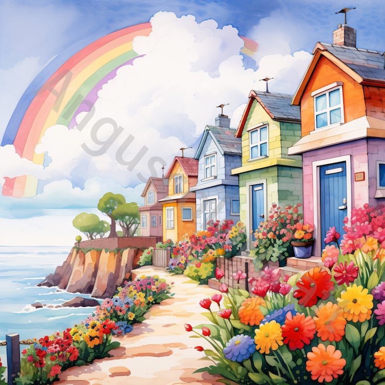 Whimsical Seaside Rainbow Cottages Clip Art Bundle 12 High Res ...