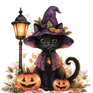 12 JPG Watercolor Halloween Black Cat Clipart Bundle Cute Cat Clipart ...