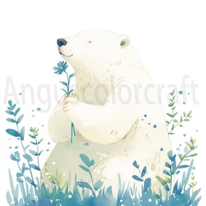 21 Polar Bear Clipart, Holding a Flower on Grass, Printable Watercolor ...