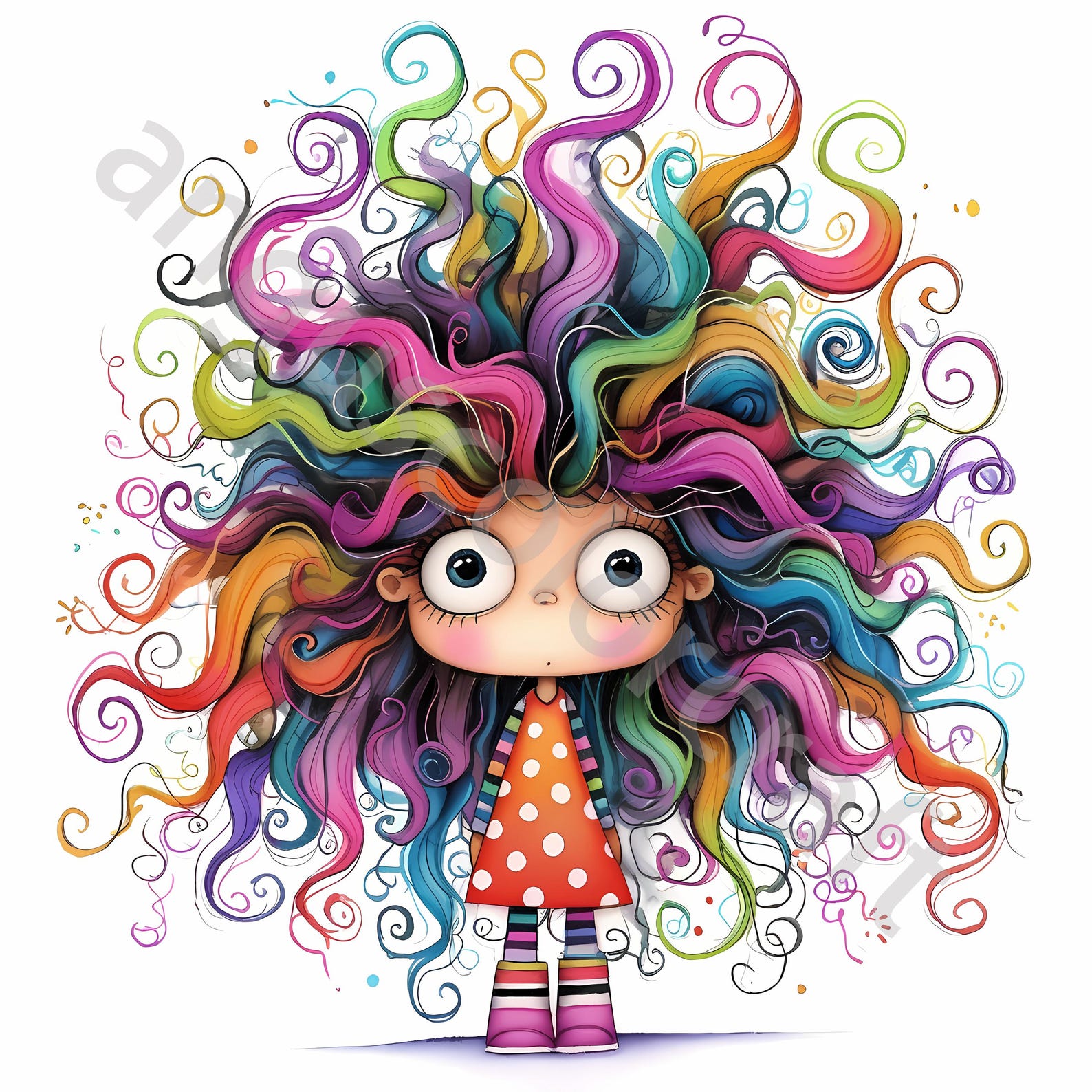 Quirky Little Girl With Frazzled Hair Girl Clip Art: Watercolor Jpgs ...