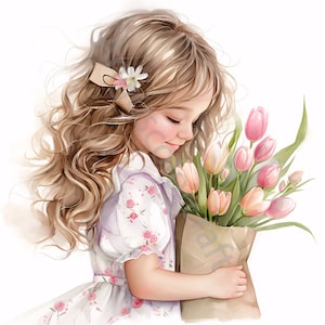 12 Girl With Flowers Clipart, Wildflower Clipart, Printable Watercolor ...