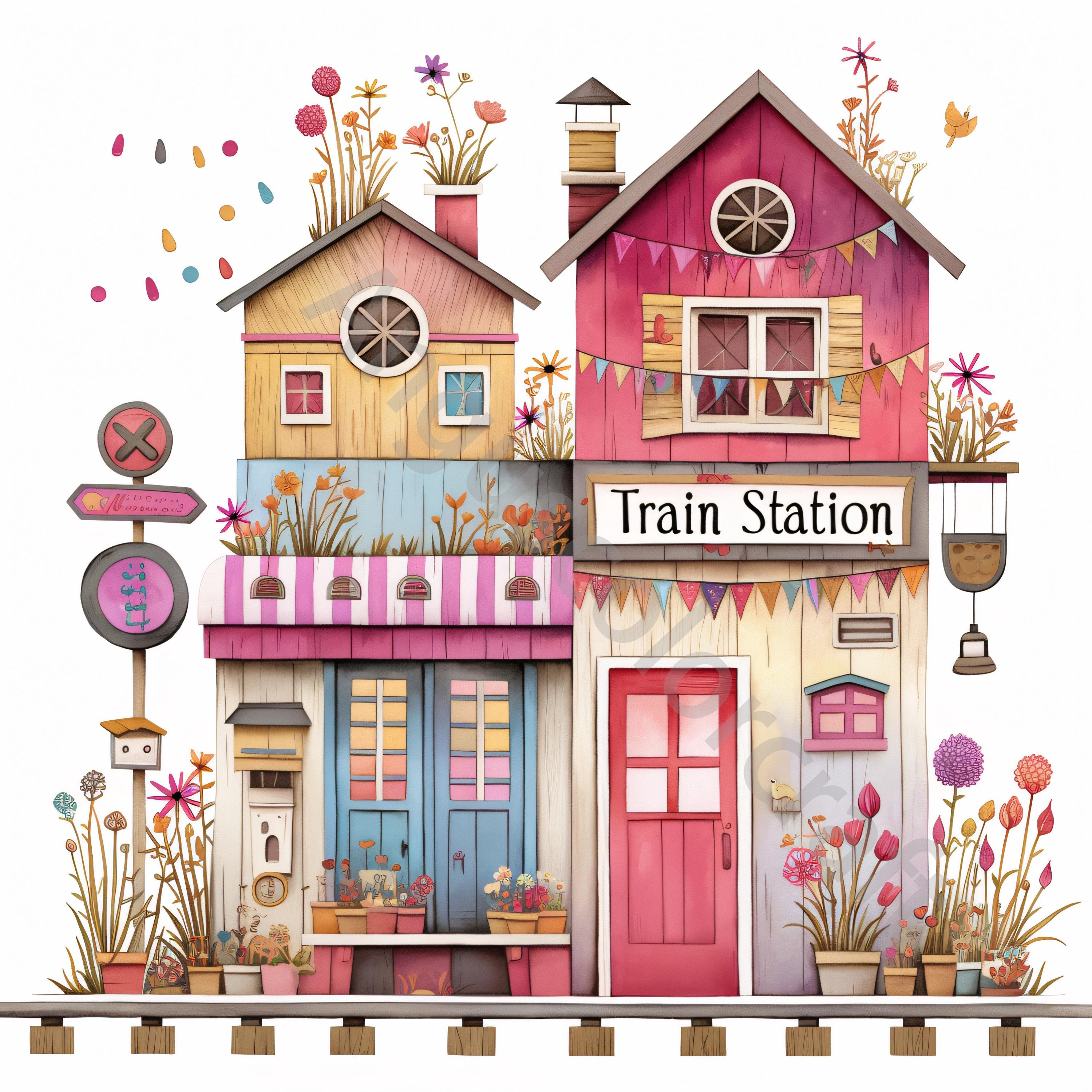10 Train Station Clip Art, Watercolor JPG, Junk Journaling, Scrapbook ...