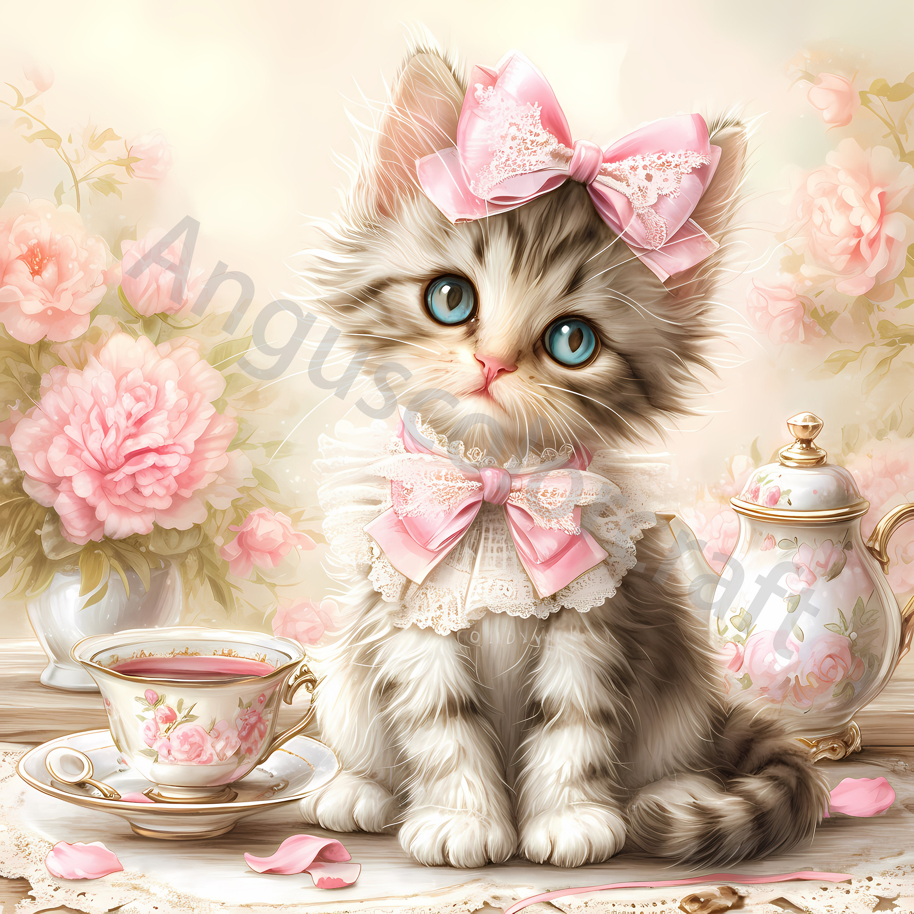 Cute Cat, Shabby Chic Kitten With Bubbles Clip Art 10 Watercolor Jpgs ...