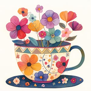 10 Cute Whimsical Cup of Flower Clip Art, Flowers Clipart, High Res JPG ...