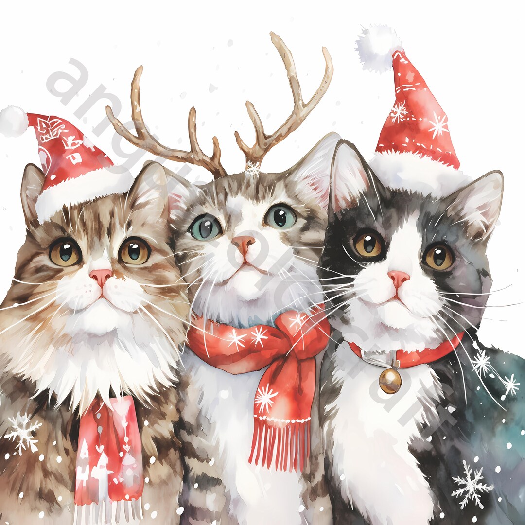 10 Jpgs Christmas Cats Clip Art, Watercolor Clipart, Digital Download ...