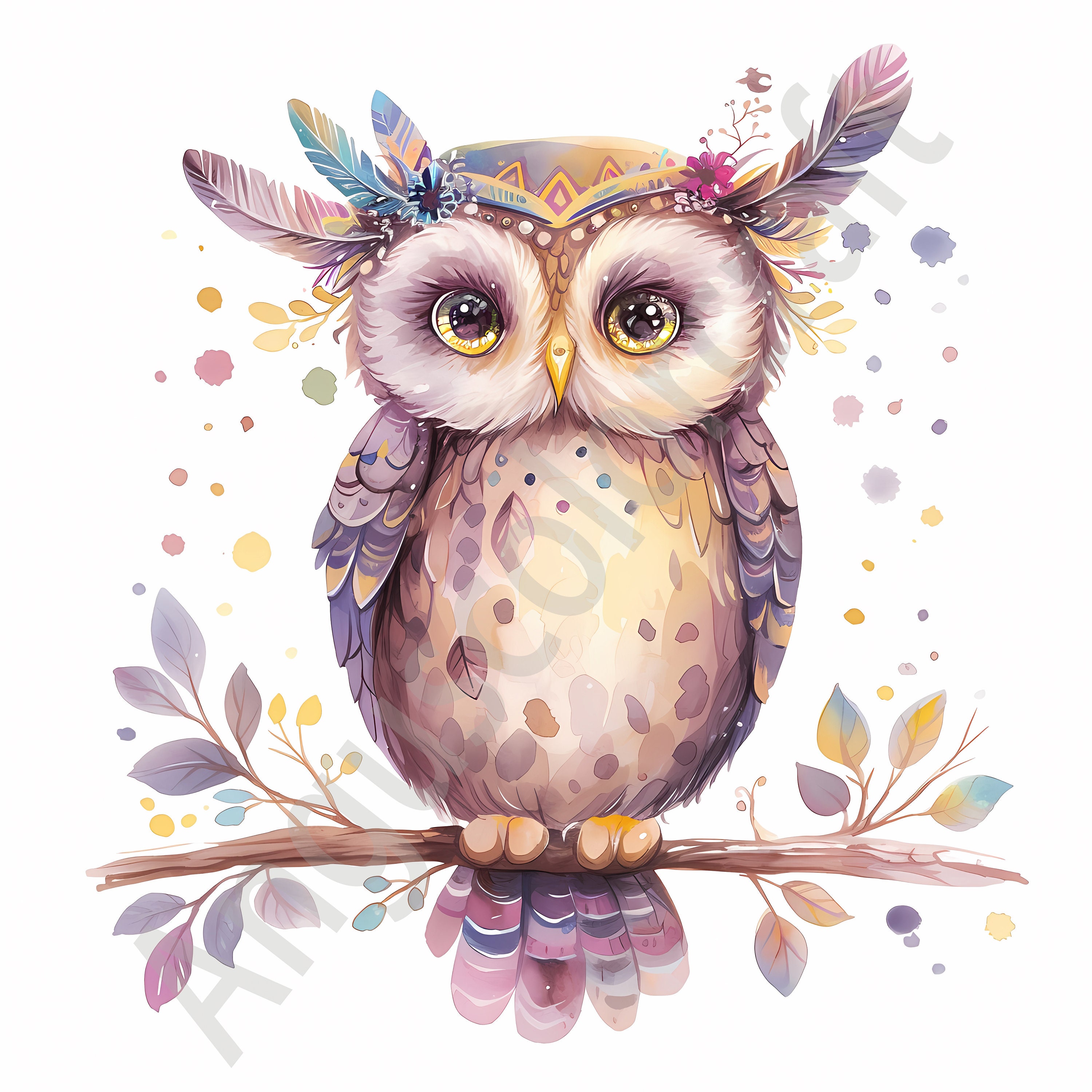 18 Watercolor Boho Owl Clipart, JPG Instant Download File, Digital ...