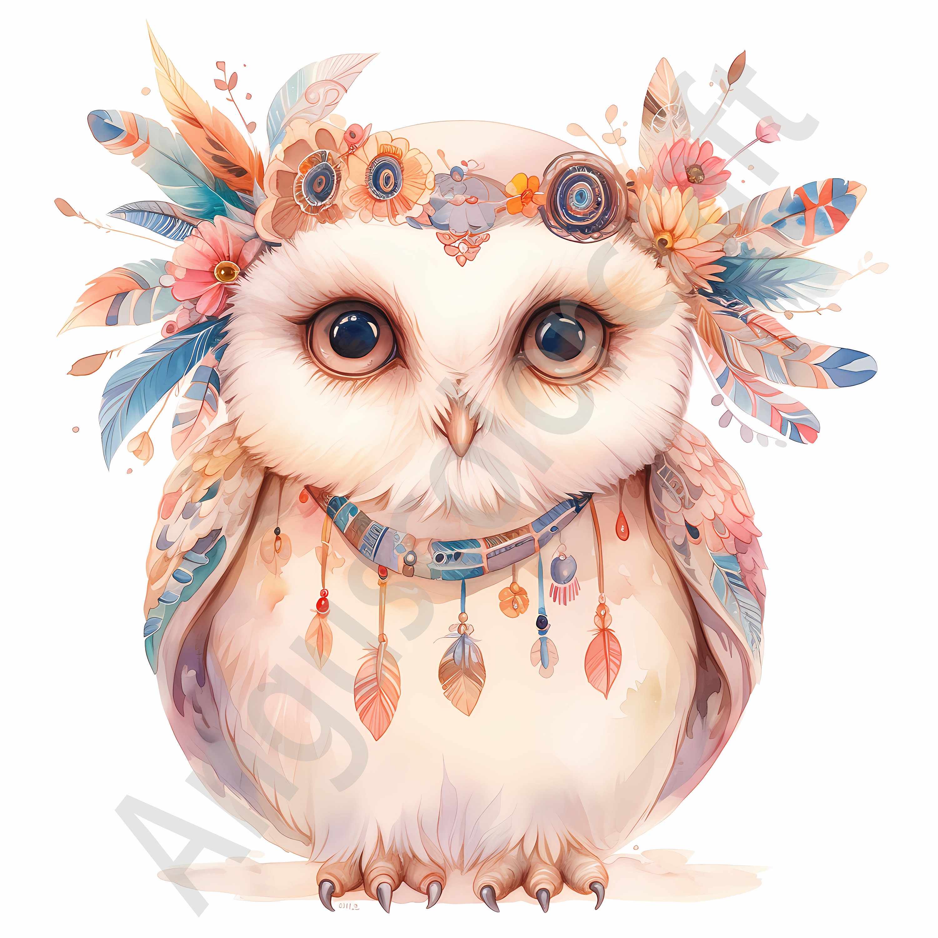 18 Watercolor Boho Owl Clipart, JPG Instant Download File, Digital ...