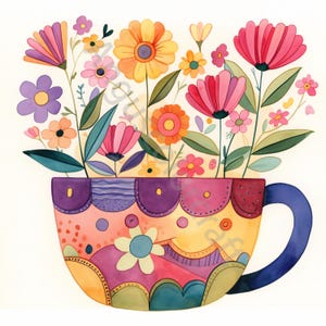 10 Cute Whimsical Cup of Flower Clip Art, Flowers Clipart, High Res JPG ...
