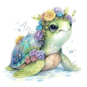 15 Cute Whimsical Turtle Clipart, Flower Turtle Clipart, High Res Jpgs ...
