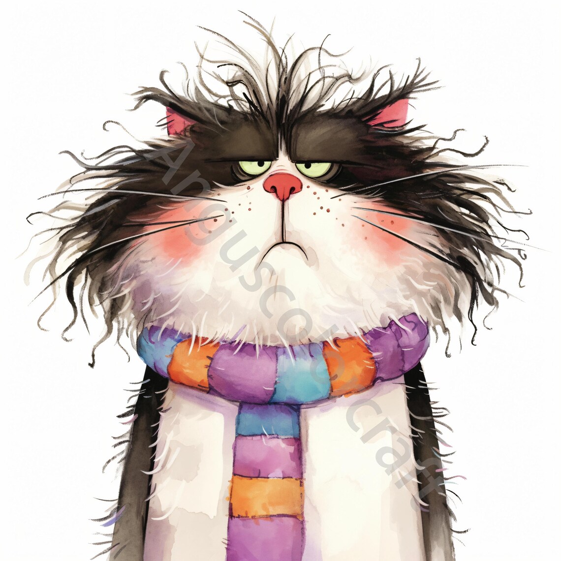 10 JPG Quirky Messy Hair Cat Clip Art, Watercolor Kitten, Junk ...