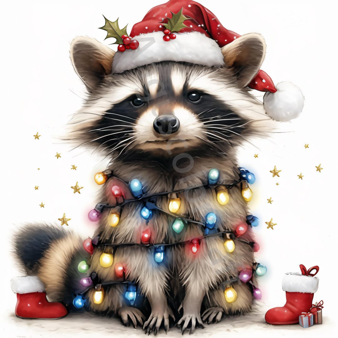Quirky Christmas Raccoon Clip Art 13 High Res Watercolor Christmas Jpgs ...