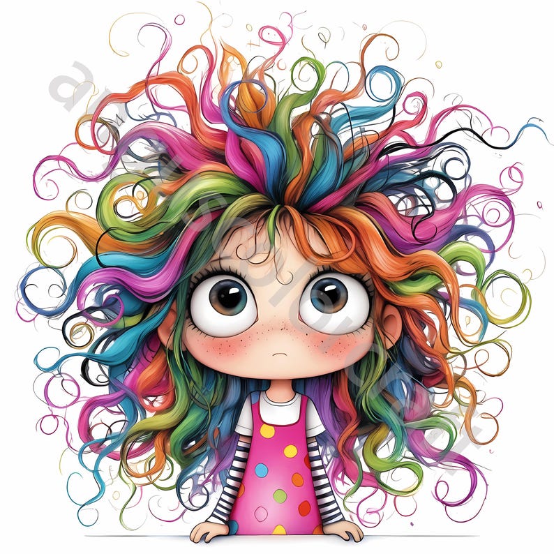 Quirky Little Girl With Frazzled Hair Girl Clip Art: Watercolor Jpgs ...