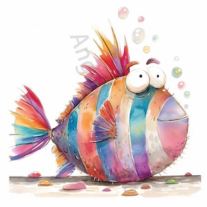 10 Quirky Funny Fish Art, Watercolor Clipart JPG, Junk Journaling ...