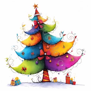 10 Whimsical Christmas Tree Clipart, Quirky Christmas Clipart, JPG ...