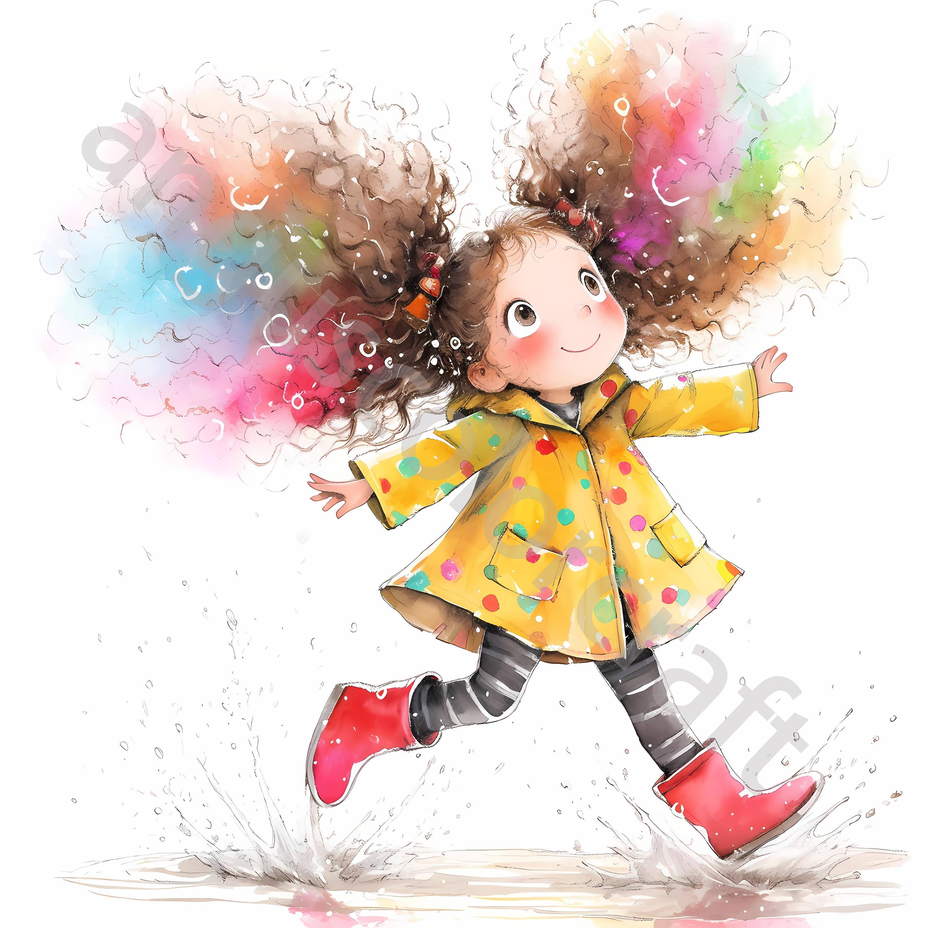 Little Girl Jumping in Puddles Clip Art Kit 10 High Res Watercolor Jpgs ...