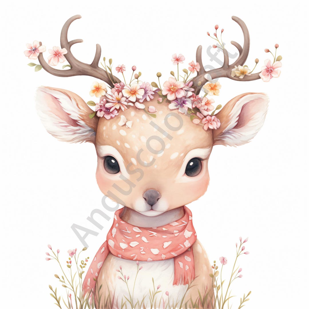 12 Flower Deer Clipart, Reindeer, Cute Deer, Printable Watercolor ...
