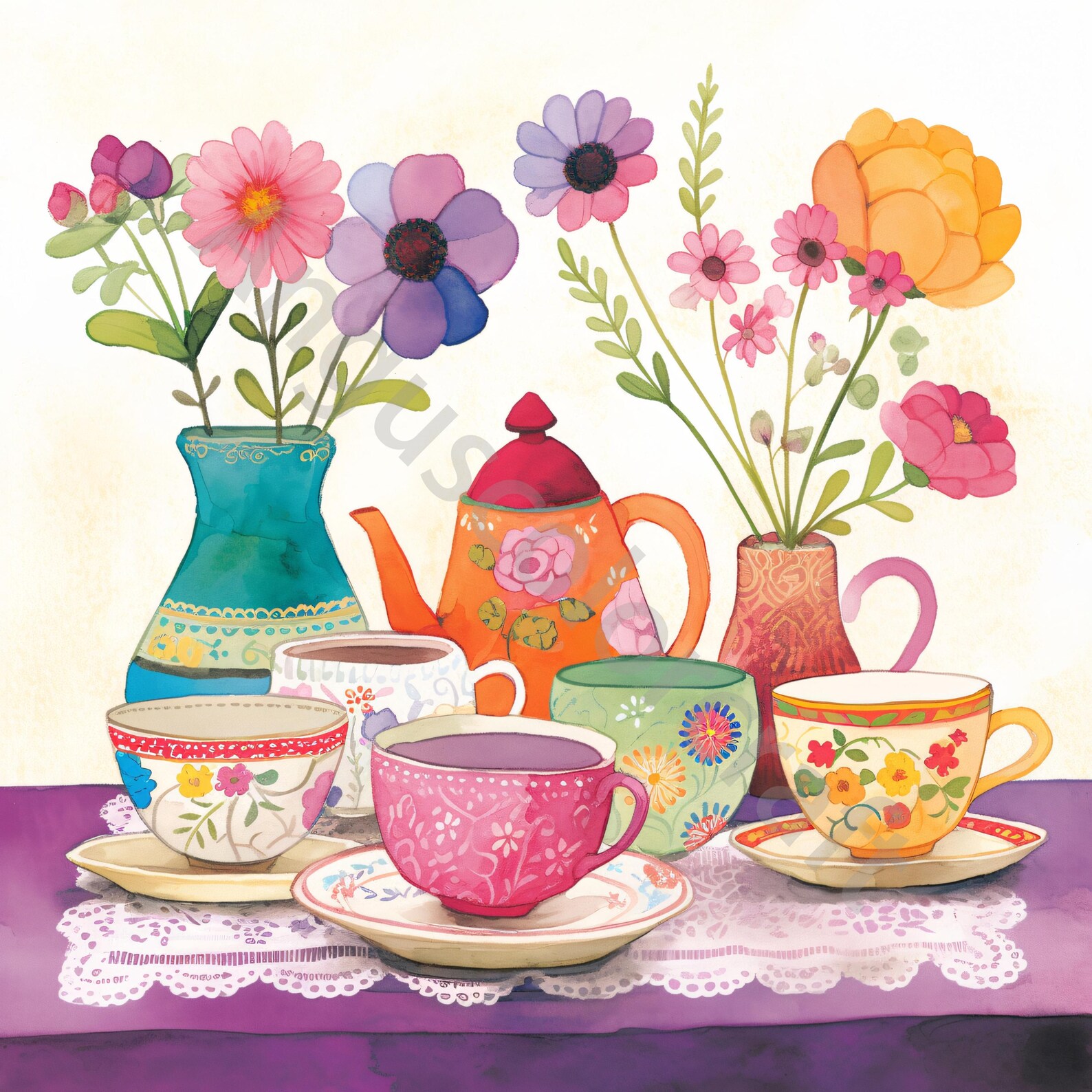 10 JPG Vintage Tea Set Clip Art, Watercolor Clipart, Junk Journaling ...