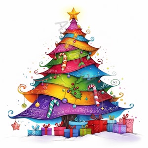 10 Whimsical Christmas Tree Clipart, Quirky Christmas Clipart, JPG ...