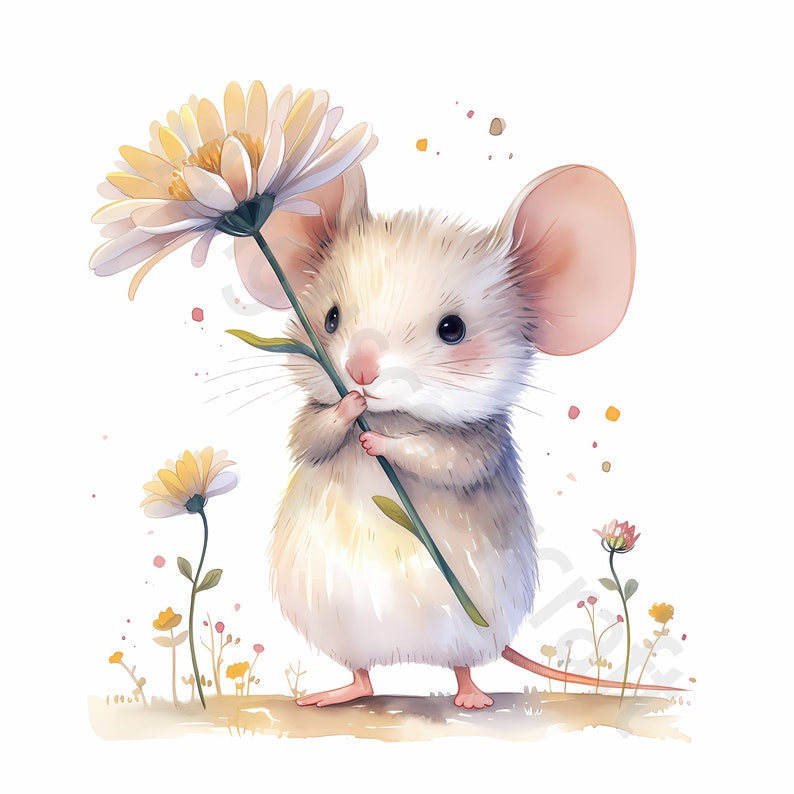 Watercolor Mouse and Flower Clipart 20 High Quality Jpgs, Digital Paper ...