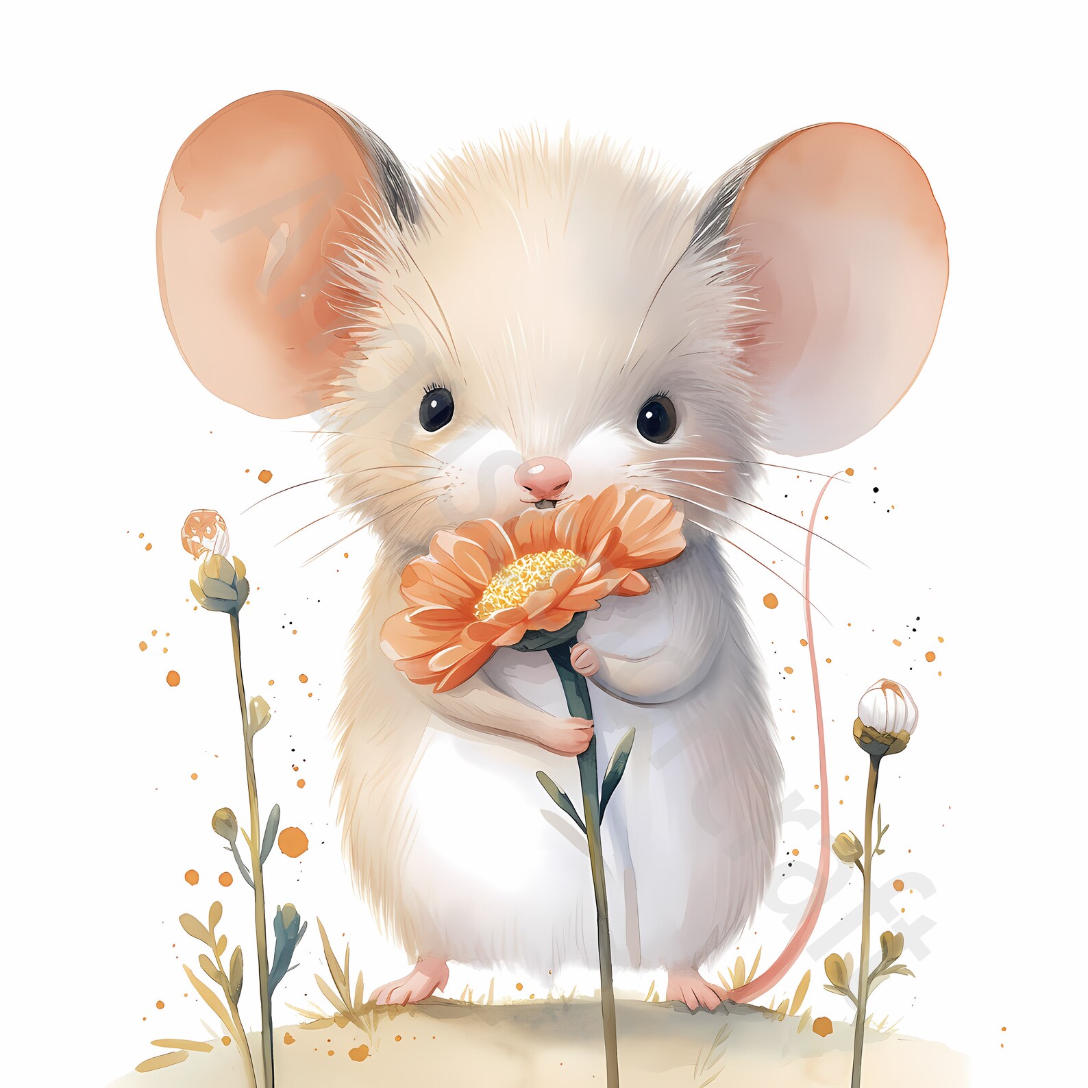 Watercolor Mouse and Flower Clipart 20 High Quality Jpgs, Digital Paper ...