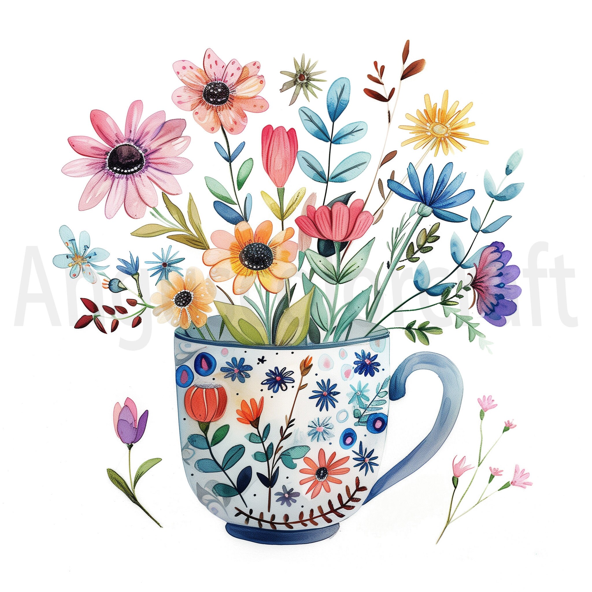Quirky Flowers Cup Clipart-22high Quality Jpgs, Scrapbook Paper ...
