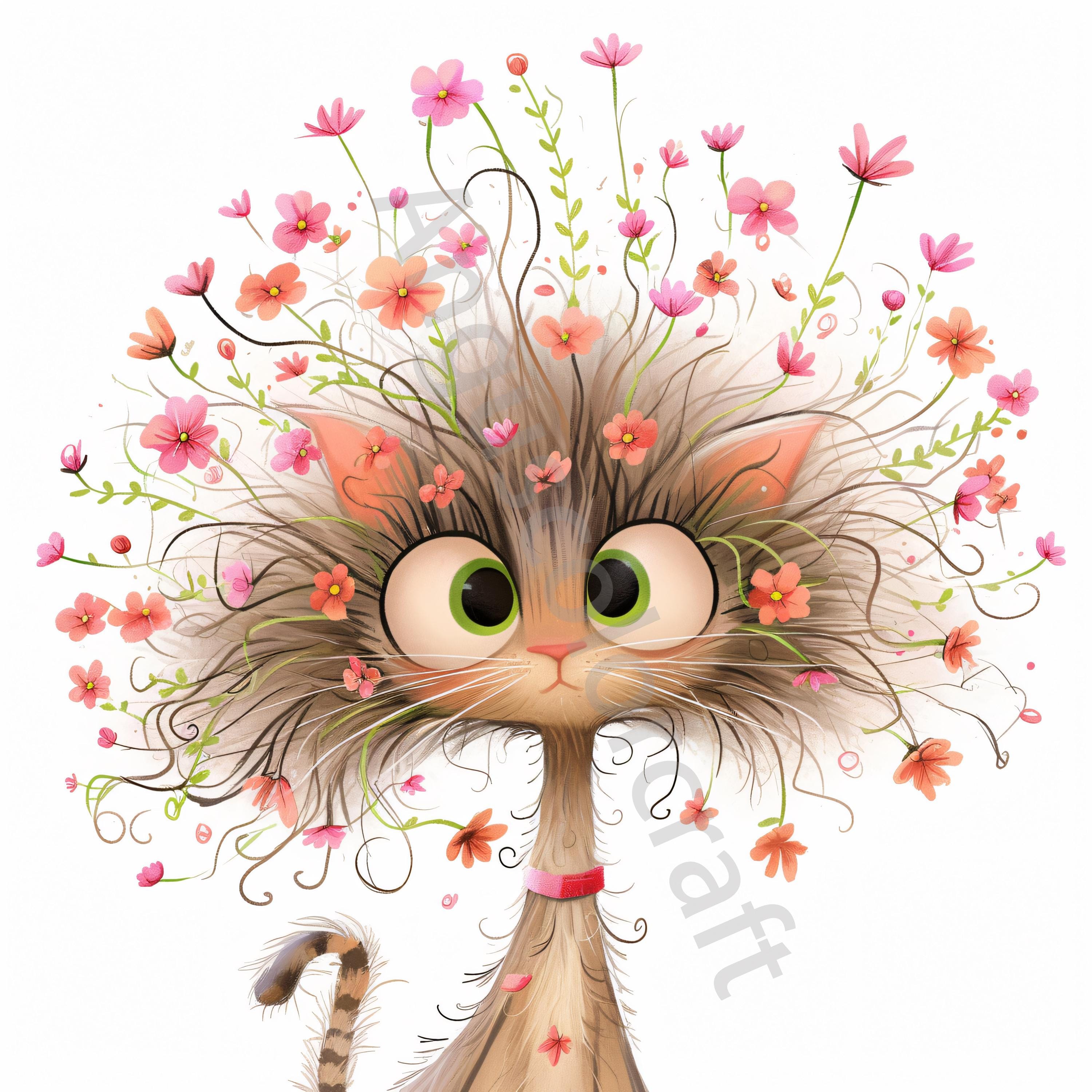 12 Frazzled Flower Cat Clip Art, Watercolor Clipart JPG, Junk ...