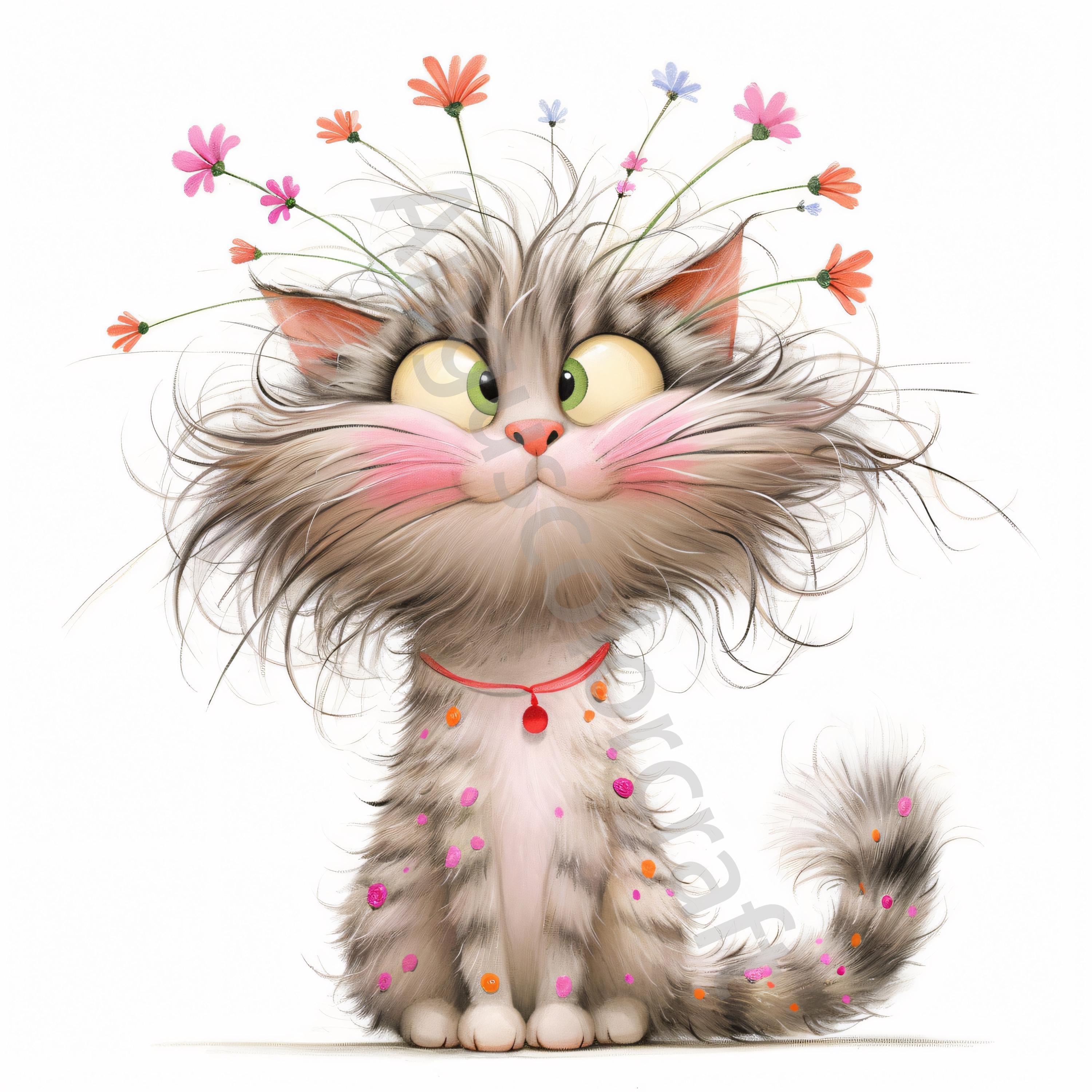 12 Frazzled Flower Cat Clip Art, Watercolor Clipart JPG, Junk ...