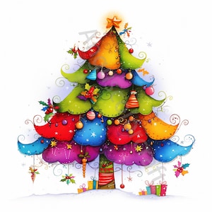 10 Whimsical Christmas Tree Clipart, Quirky Christmas Clipart, JPG ...